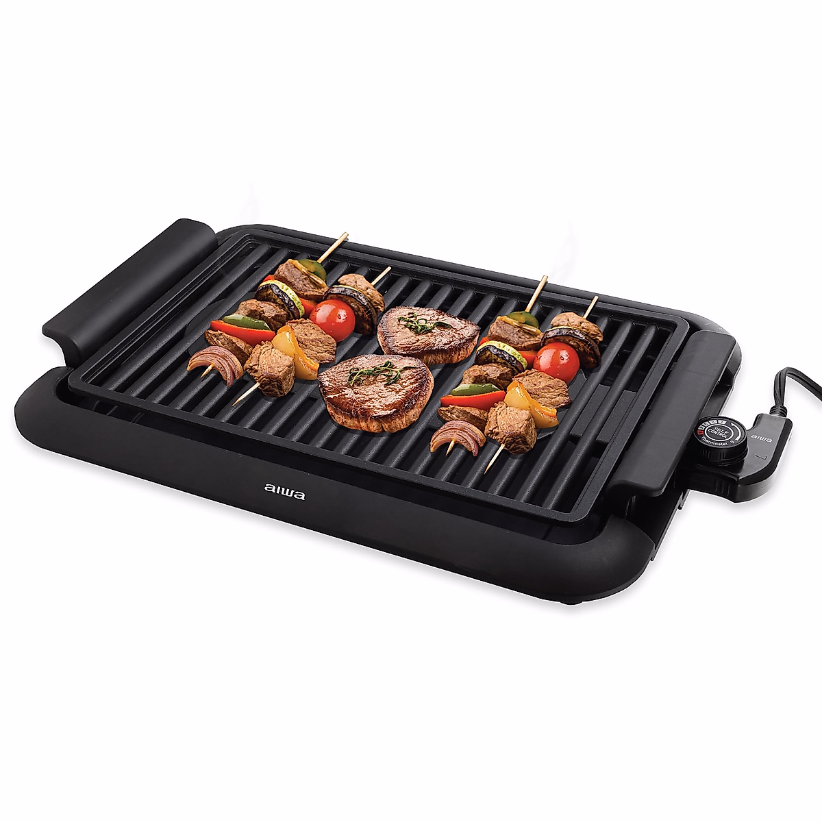 Aiwa 1200W Indoor Smokeless Grill with 5 Temperature Settings & Easy Cleaning, Black Ceramic Nonstick Skillet