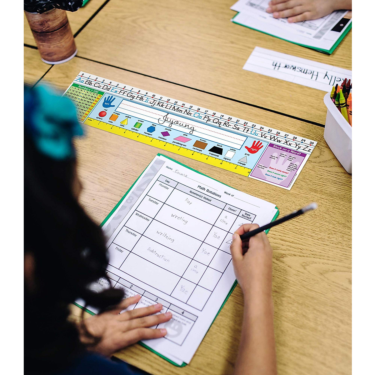 Carson Dellosa 30-Piece 17 1/2” x 4” Quick Stick Traditional Manuscript Name Tags for Classroom, Adhesive Name Plates for Student Desks, Classroom Name Tags With Ruler, Shapes, Numbers, and Alphabet
