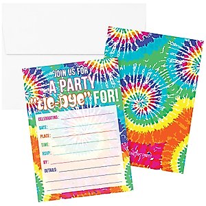 DISTINCTIVS Tie Dye Birthday Party Invitations - Peace, Love, Party - 10 Fill In Invite Cards with Envelopes - Kid, Tween or Teen 60s Groovy Themed Party Supplies