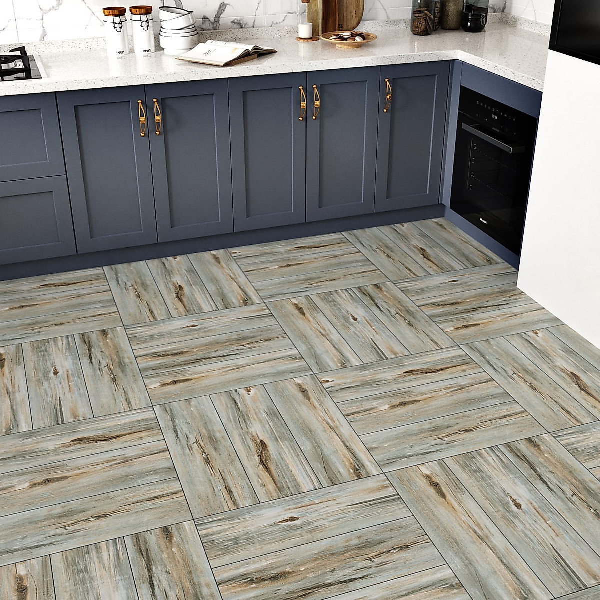 Wallercity 4-Tiles Waterproof Light Brown Vinyl Flooring Peel and Stick Flooring for Bathroom Kitchen Laminate Flooring Stick on Floor Tiles Removable Sticky Tiles Peel and Stick Floor Tile 36" x 6"