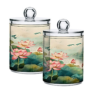 Kigai 2 Pack Watercolor Lotus Flowers Qtip Holders Dispenser Bathroom Vanity Organizers Clear Plastic Apothecary Jars with Lids for Cotton Ball, Cotton Swab, Cotton Round Pads, Floss