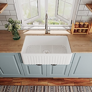 DeerValley Farmhouse Sink, 30" L x 18" W Single Bowl Farm Kitchen Sinks, White Farmhouse Kitchen Sink Apron Front Gloss Farm Sink Ceramic Drop in Apron Front Sink with Accessories