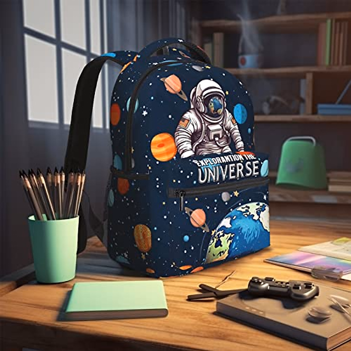 Galaxy Space Astronaut Backpack for Men Blue Planet Print Bookbags for Men Lightweight Waterproof Adjustable Strap Bags Travel Daypack Laptop Backpack