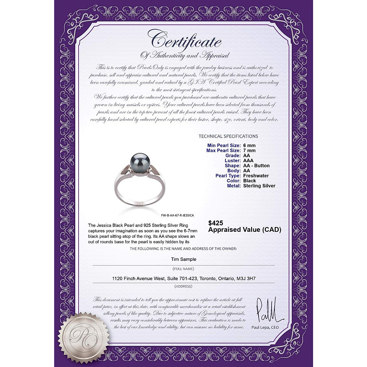 Jessica Black 6-7mm AA Quality Freshwater 925 Sterling Silver Cultured Pearl Ring For Women - Size-9