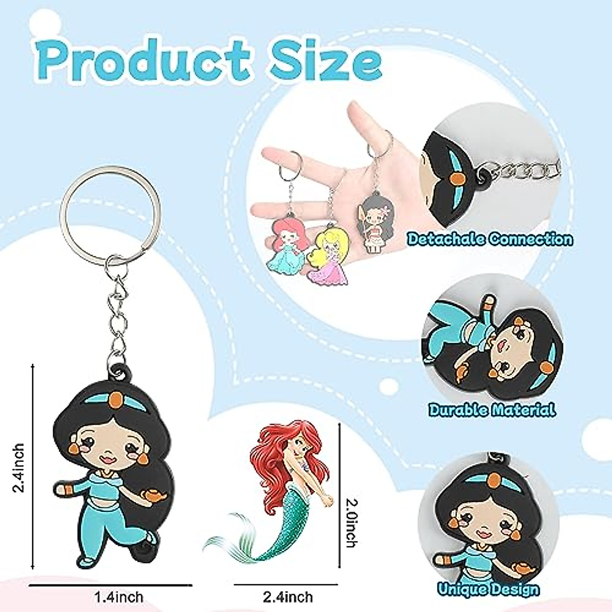Princess Party Favors Keychains Bulk Cartoon Princess Party Supplies Stickers Gift Set Include 24PCS Keychains and 50 PCS Stickers, Unique Pattern for Carnival Prizes Girls Birthday Party