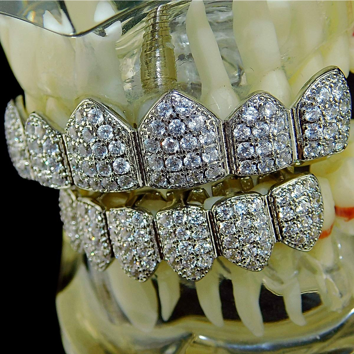 CZ Grillz Set Silver Tone Cubic Zirconia Micro Pave Bling Teeth Top & Bottom Row Iced Hip Hop Grills