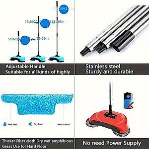 SINGID Manual Sweeper, Carpet Sweeper, Mini Hand Push Sweeper 3 in 1 Household Cleaning Lazy Dustpan Trash Bin 360° Rotating Floor Cleaning Mop for Hardwood Ceramic Tiles, with 10 Cloth (Lake Blue)