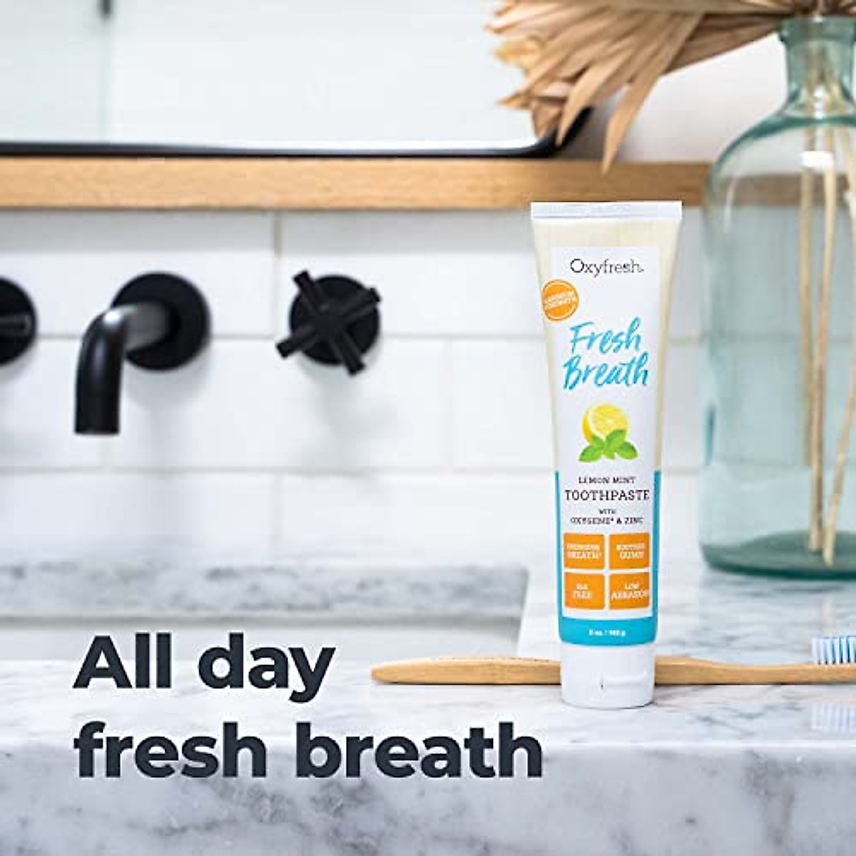 Premium Oxyfresh Lemon Mint Fresh Breath Toothpaste – Low Abrasion Toothpaste for Bad Breath - SLS & Fluoride Free Toothpaste – Anti Plaque & Tartar Control Toothpaste with Essential Oils. 5oz