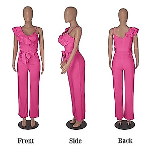 kaimimei Womens Casual Jumpsuits V-Neck Sleeveless Ruffle Backless Belted Wide Leg Pant Sexy Romper Party Clubwear Barbie Pink L