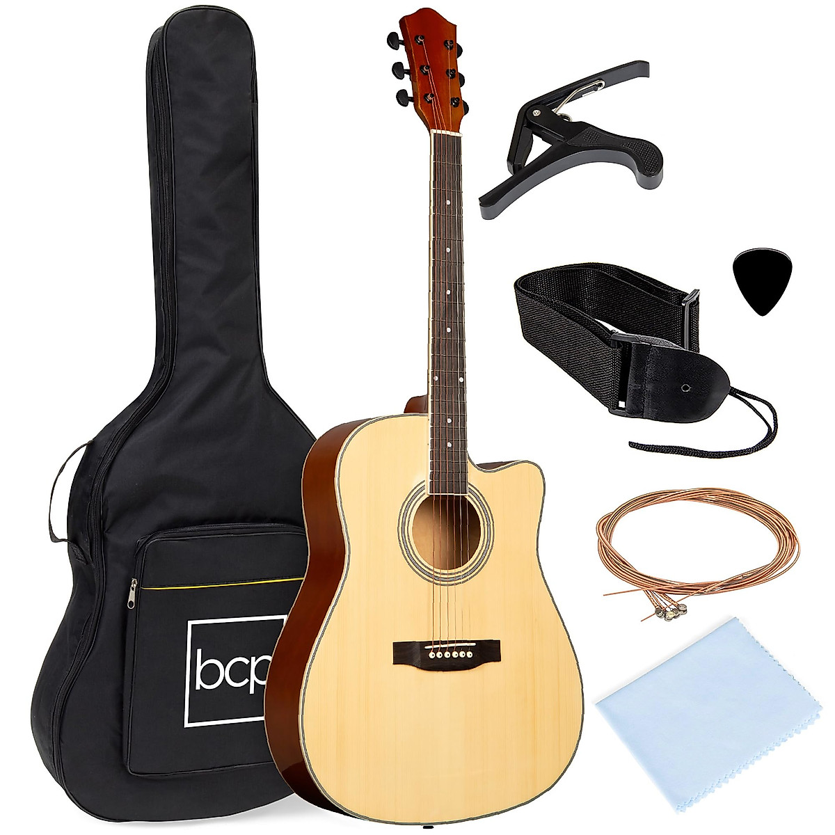 Best Choice Products 41in Beginner Acoustic Guitar Full Size All Wood Cutaway Guitar Starter Set Bundle with Case, Strap, Capo, Strings, Picks - Natural