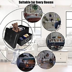 AmasSmile® Folding Storage Ottoman Foot Rest Stool with Drawers, 16 inch Leather Footstool Bench, Short Ottoman Bench, Storage Foot Rest Store, Books,Records Support 300 lbs, Black