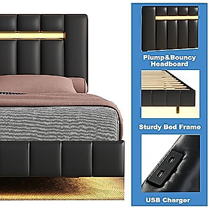 SIYSNKSI Modern Queen Size Upholstered Platform Bed, Floating Bed Frame with LED Lights and USB Charging, PU Leather Platform Bed for Kids Teens Adult Bedroom, No Box Spring Needed (Black-A032)
