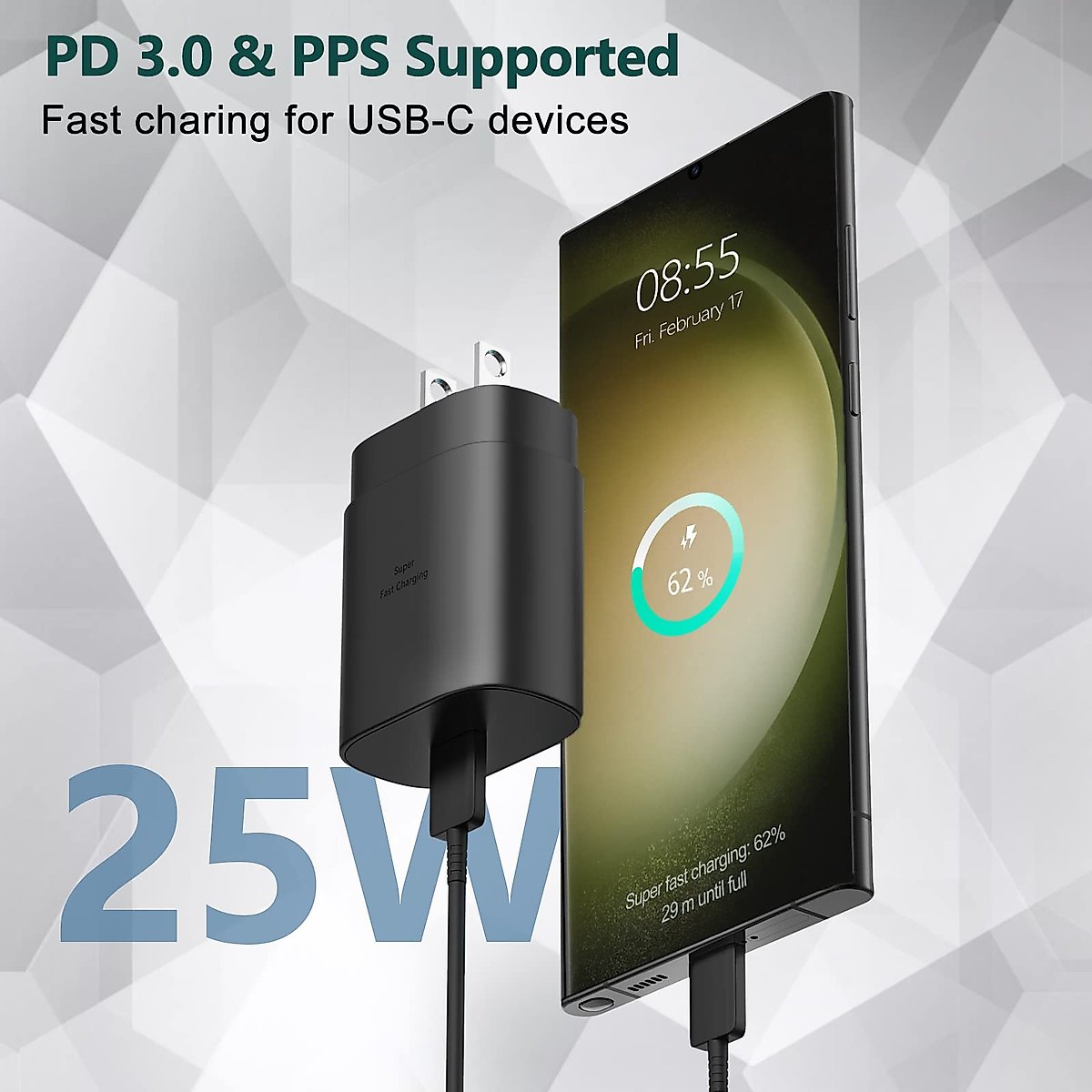 Fast Charger Type C 25W Android Phone Charger USB C Block with 10 FT C to C Type Fast Charging Cable for Samsung Galaxy S23 Ultra/S23/S23+/S22/S22 Ultra/S22+/S21/S20/Note 10/20, Z Fold/Flip, 3Pack