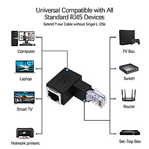 YACSEJAO Cat5e/Cat6 RJ45 Ethernet Adapter，2Pack 90 Degree Ethernet RJ45 / 8P8C Male to Female Right Angle Adapter Support Cat6 / Cat5e / Cat5 Standard LAN Cable（Down）