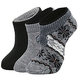 Slipper Socks for Women with Grippers Non Slip Christmas Socks Fuzzy Socks Comfy Winter Hospital Socks Warm Black&Gray 3 Pack