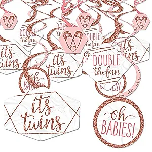 Big Dot of Happiness It’s Twin Girls - Pink and Rose Gold Twins Baby Shower Hanging Decor - Party Decoration Swirls - Set of 40