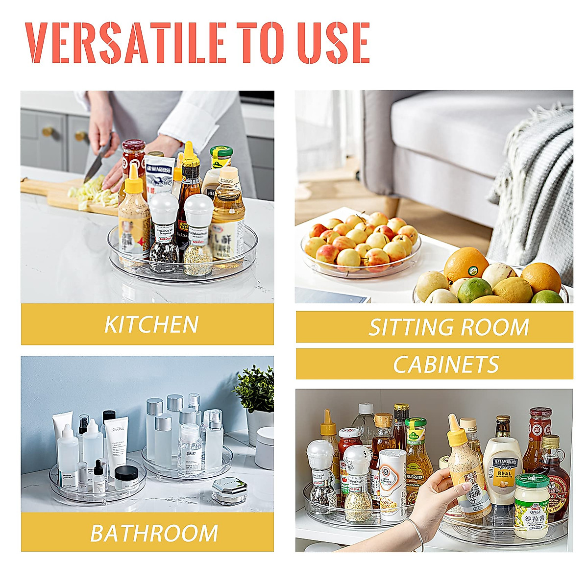 2 Pack Lazy Susan Rotating Turntable Storage Container- for Cabinets, Pantry, Fridge, Countertops, Clear Plastic Food Storage Spinning Organizer