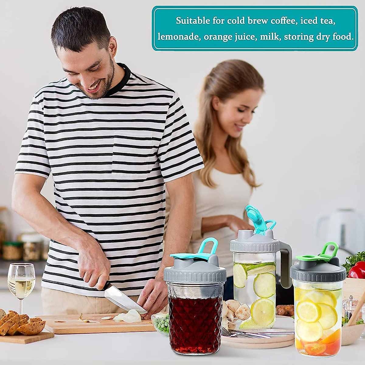 2 Pack Wide Mouth Mason Jar Lids for Ball Mason Jars, Including Mason Jar Pour Spout Lids with Handle, Innovative Flip Cap Lids, for Pouring, Drinking and Airtight Storage (Blue)