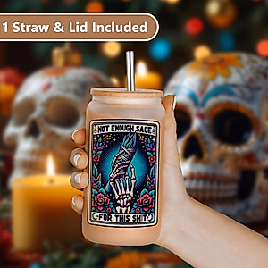 LEADO Tarot Card Skeleton Hand Cup, Funny Halloween Skull Tumbler, 16 oz Frosted Coffee Glass Cups with Lids Straws - Witchy Gifts for Women, Sarcastic Birthday, Christmas Gifts for Friend Mom