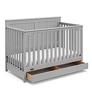Graco Hadley 5-in-1 Convertible Crib with Drawer (Pebble Gray) – GREENGUARD Gold Certified, Crib with Drawer Combo, Full-Size Nursery Storage Drawer, Converts to Toddler Bed, Daybed