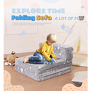 Elftopia 3-in-1 Folding Sofa Bed for Kids,Tri Folding Floor Toddler’s Mattress Fold up Sofa Bed,Child Foldable Futon Mattress,Folding Couch for Kids,Glow in Dark-Stars