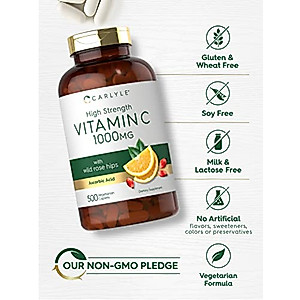 Carlyle Vitamin C 1000mg | 500 Vegetarian Caplets | Ascorbic Acid with Wild Rose Hips | High Strength Formula | Non-GMO and Gluten Free Supplement