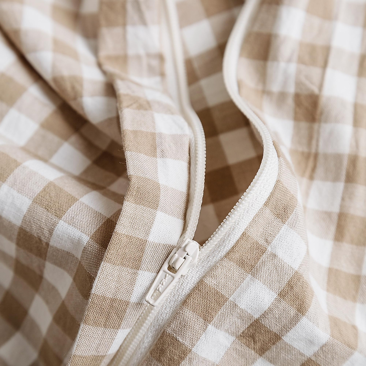 SUSYBAO Tan Gingham Duvet Cover Queen 100% Washed Cotton Beige Plaid Duvet Cover Set 3 Pieces Set 1 Soft Checkered Grid Duvet Cover with Zipper Ties 2 Pillowcases Luxury Farmhouse Gingham Bedding Set