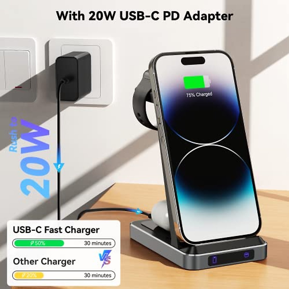 Charging Station for iPhone Multiple Devices - 3 in 1 Fast Wireless Charger Dock Stand for iPhone 14 13 12 11 Pro X Max XS XR 8 7 Plus 6s 6 Apple Watch Series 7 6 SE 5 4 3 2 & Airpods with Adapter