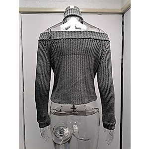 Women's Cold Shoulder Halterneck Sweater Crossed V- Neck Crop Halter Knit Pullover Off Shoulder Long Sleeve Knitted Top (Grey,Medium)