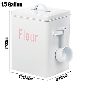 Youeon 1.5 Gallon Metal Flour Storage Container with Airtight Lid and Measuring Scoop, Square Flour Canister with Handle, White Flour Canister for Kitchen Counter, Farmhouse Decor