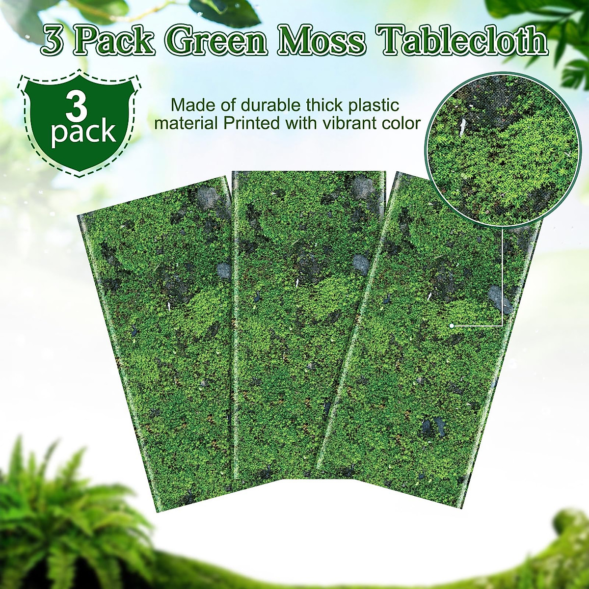 YIDAKO 3Pcs Green Moss Plastic Tablecloths Green Grass Green Leaf Table Cloth Disposable Rectangle Table Cover for Picnic Nature Forest Jungle Theme Party Decorations, 54 X 108inch