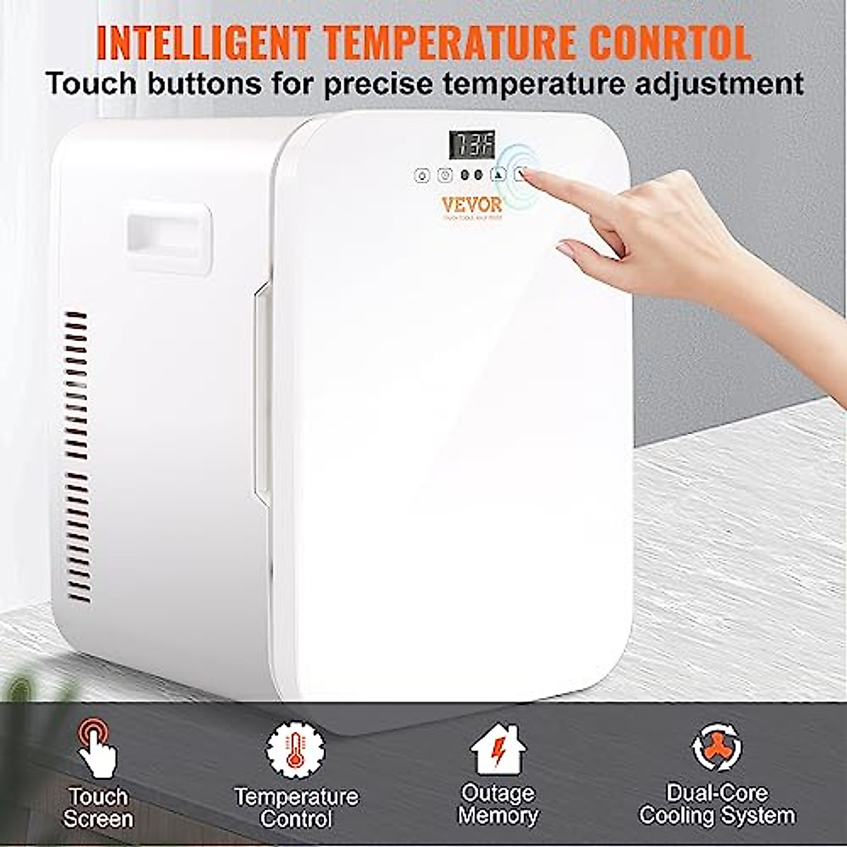 VEVOR Mini Fridge, 20L Skincare Fridges with Temper Control Touch Screen, Portable Small Beverage Refrigerator for Bedroom Office Car Dorm, AC/DC Cool Warmer for Cosmetic Drink Milk, White