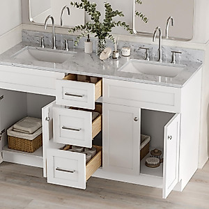 ARIEL 61" White Double Bathroom Vanity, Italian Carrara Marble Countertop & Splash, Rectangular Sink, 2 Soft Closing Doors, 3 Full Extension Dovetail Drawers, Toe Kick, Brushed Nickel