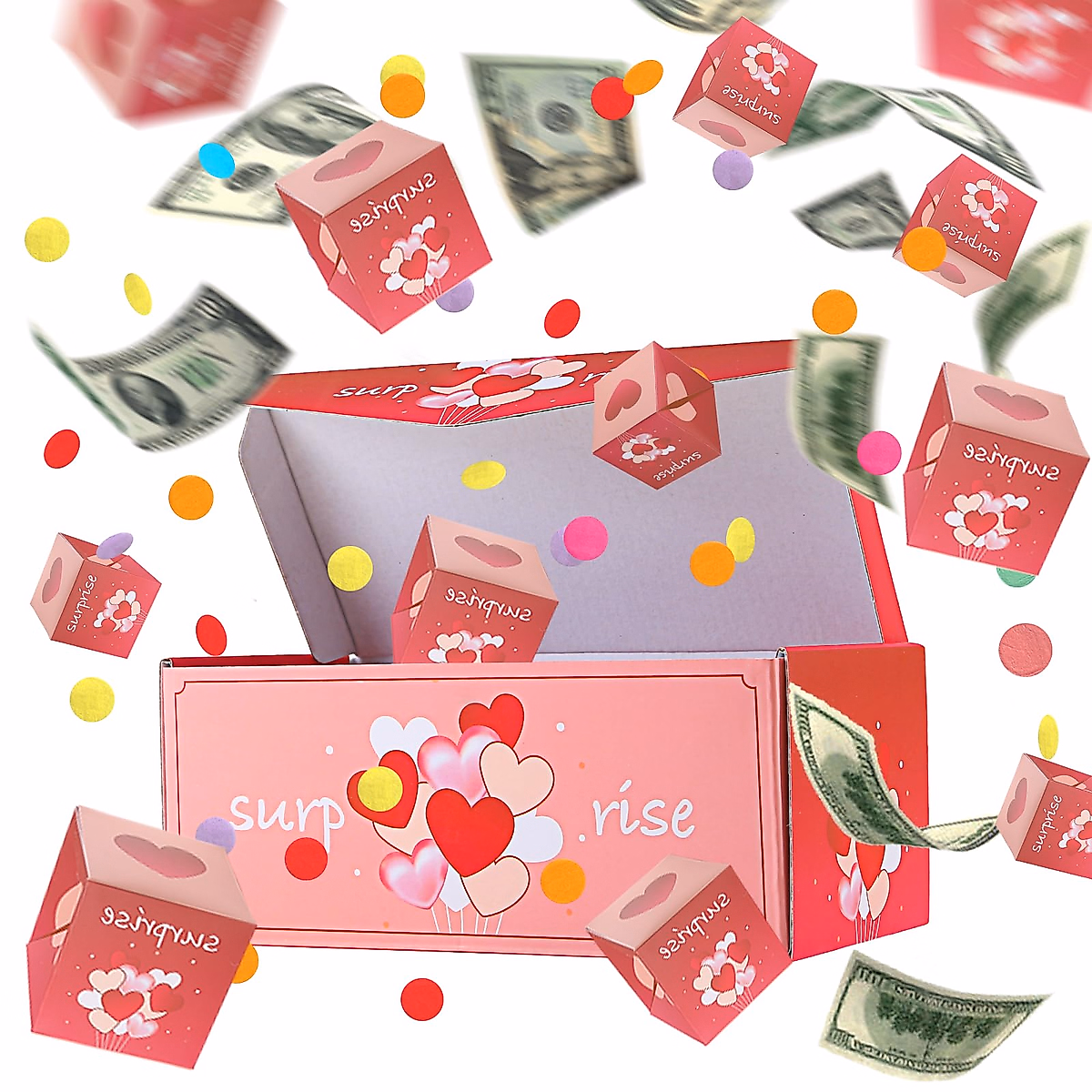 Yawlsow Surprise Box Gift Box Explosion for Money, Exploding Surprise Box Gift Box with Confetti, Luxury Cash Explosion Gift Box for Valentine Proposal Birthday Anniversary (Red-Best Wishes-12PCS)