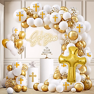 First Communion Decorations 129Pcs First Communion Balloon Garland Arch Kit white Confetti Balloons with Cross Balloon for First Holy Communion Decorations God Bless Christening Baptism Party Supplies