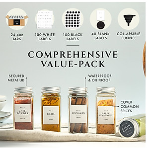 FINESSY Empty Glass Spice Jars with Label 24 Pack, 4 oz Glass Spice Jars with Shaker Lids, Spice Bottles Empty Glass with Labels, Glass Spice Containers with Labels and Lids, Seasoning Containers