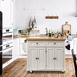 NSdirect Kitchen Island Cart,Kitchen Bar&Serving Cart Rolling on Wheels with Spice Rack Towel Holder Utility Storage Trolley with Storage Drawers for Home Hotel Kitchen Dinning Room(White)