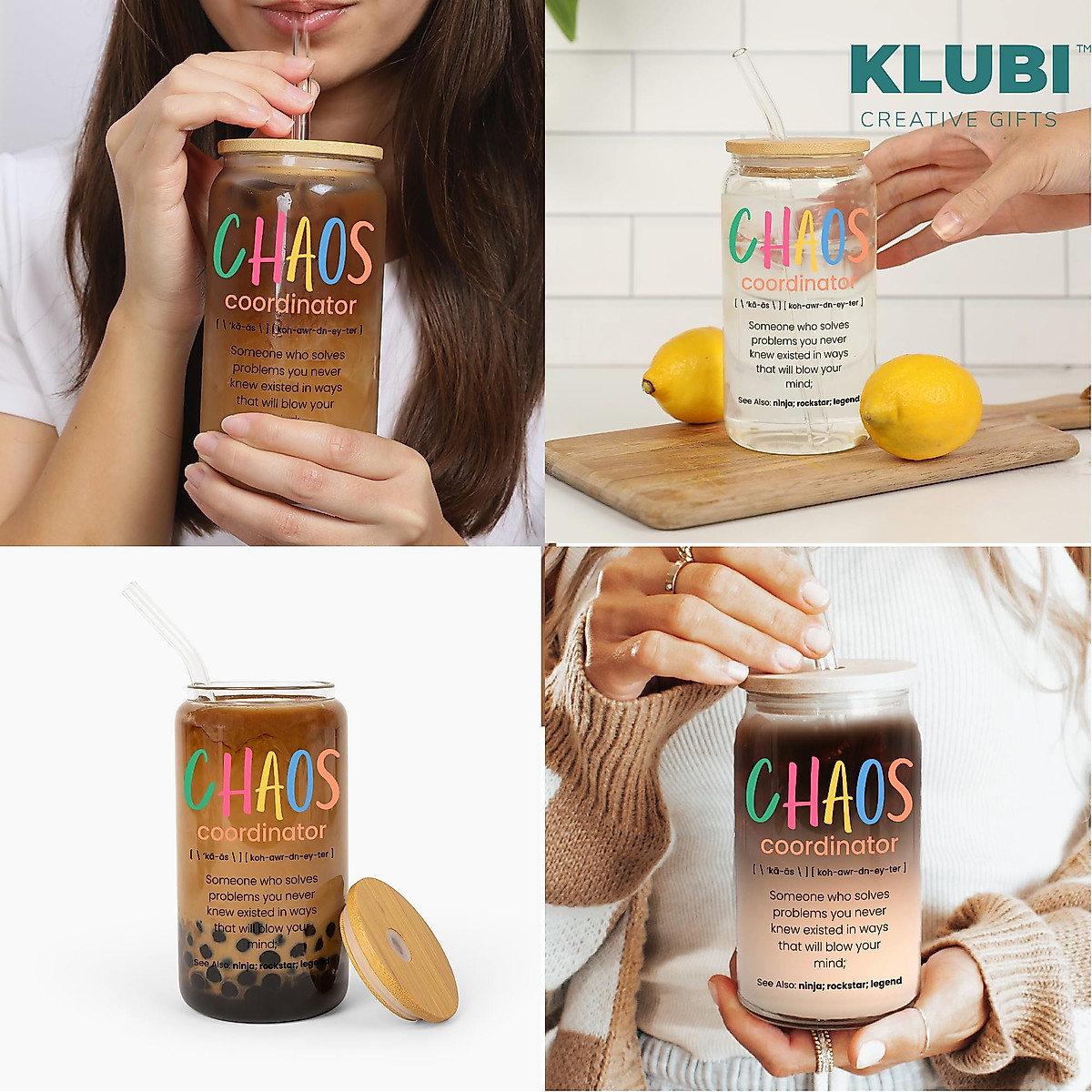 KLUBI Chaos Coordinator Glass Cup With Straw 16oz Chaos Coordinator Gifts for Women Christmas Gifts Officiant Gifts for Wedding Day Promotion Gifts for Women Nurse Gifts Bosses Day Gifts for Her