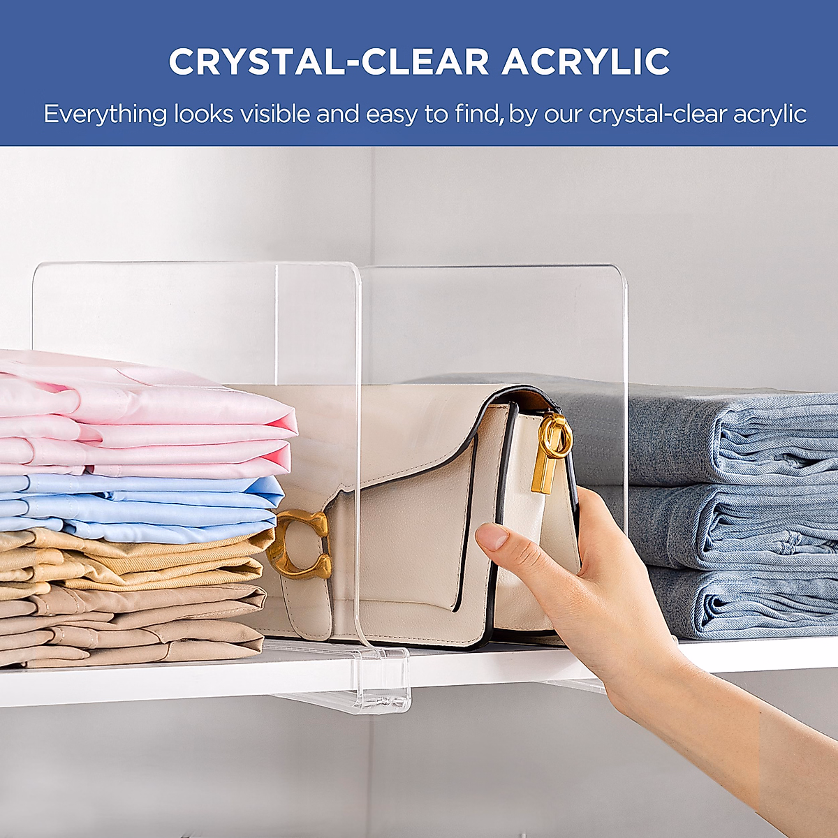 HBlife 12 Inches Tall [Extra Tall Version] Shelf Dividers, Purse Organizer for Closet, Clear Acrylic Bookshelf for Organization Closet Organizers and Storage for Handbags, 6 PCS