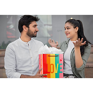 D4DREAM Love Gift Bag for Valentine's Day Medium Gift Bag with Tissue Paper 11" Valentine's Day Paper Gift Bags with Handle Gift Bag with Love Design for Valentines Day Anniversary, Valentines Day, Grooms Gift