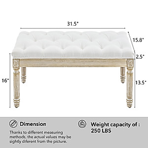 LOULENS French Vintage Bench, Linen Fabric Entryway Bench, Upholstered Tufted End of Bed Bench with Brushed Wood Legs, White