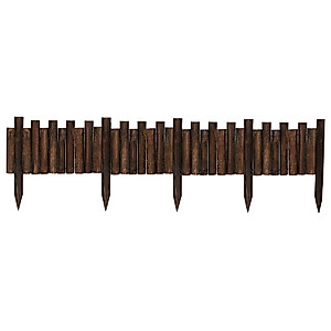Worth Garden Wooden Staggered Short Fence - 8 in. H. x 3.7 ft. L. Burnt Wood Finish Outdoor Landscape Edging Flexible Decorative Border - Garden Yard Flower Bed Tree Fence - Stakes 4 in. Height