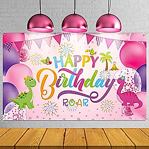 Sumind Dinosaur Happy Birthday Backdrop, Dinosaur Birthday Party Background Boy/Girl Birthday Gaming Banner for Birthday Decoration, Baby Showers and Photo Prop (Pink)