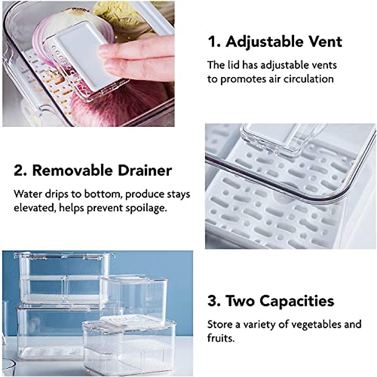 Fridge Storage Containers Produce Saver Stackable Refrigerator Organizer Bins with Removable Drain Tray Fridge Organizer for Fruits and Vegetables 3 Pack