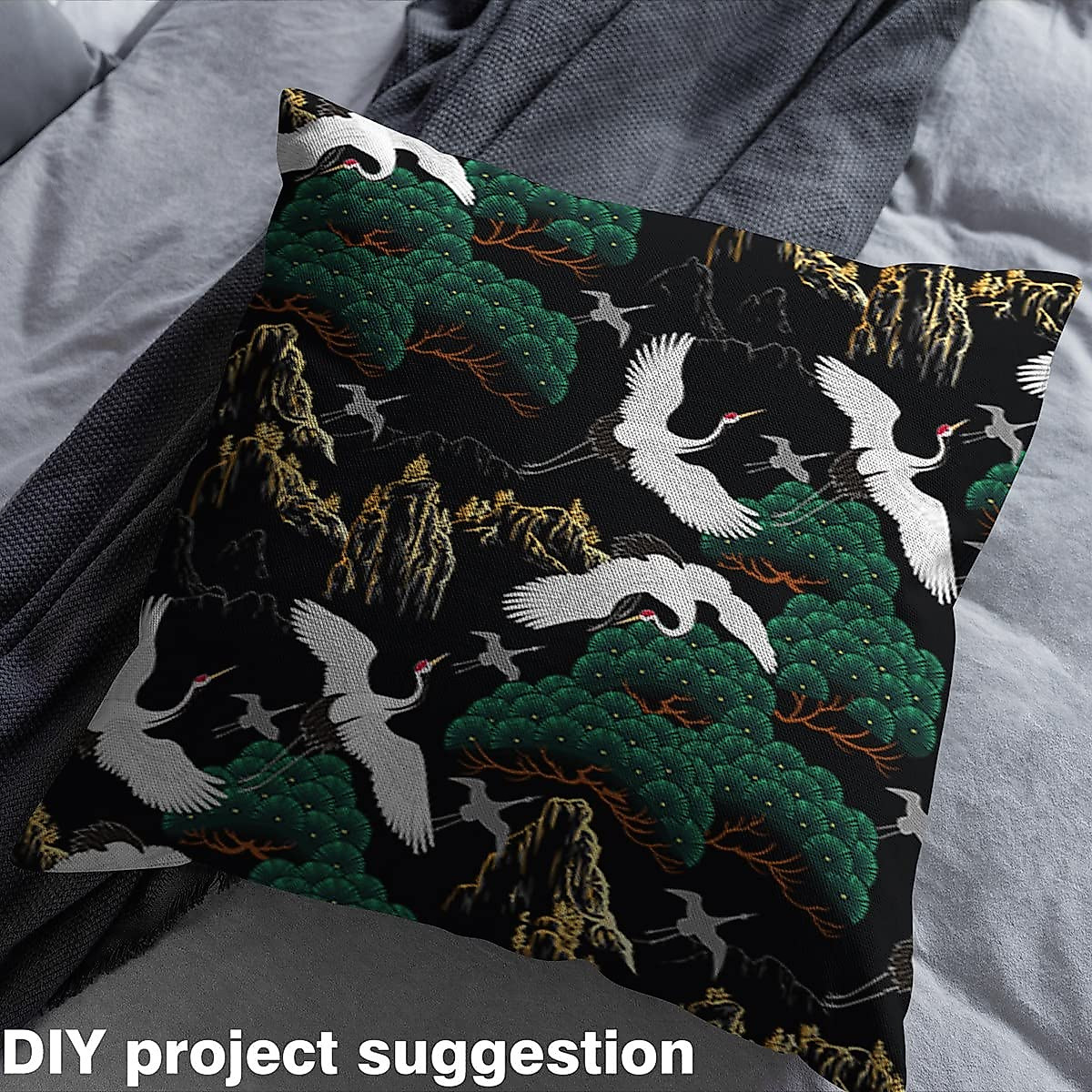 Crane Fabric by The Yard Green Golden Sketch Mountain Trees Fabric for Craft Art Lovers Japanese Style Wild Bird Botanical Plants Fabric for DIY Upholstery and Home Accents 1 Yard