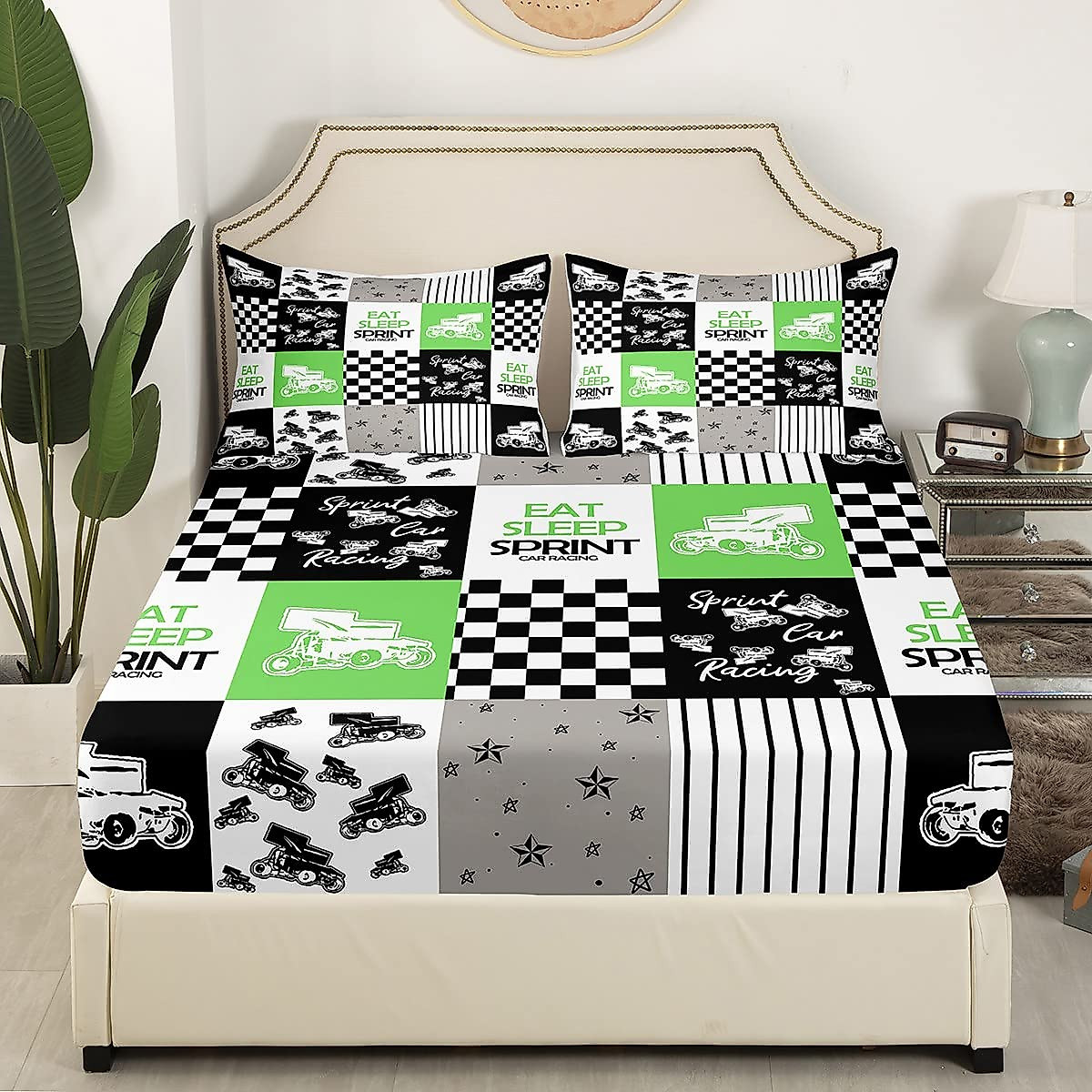 Eat Sleep Sprint Fitted Sheet Twin Size Race Car Green White Bedding Set Set for Kids Teens Adults Speed Sports Car Bed Sheet Set Extreme Sports Bed Cover Room Decor 2Pcs with 1 Pillow Case
