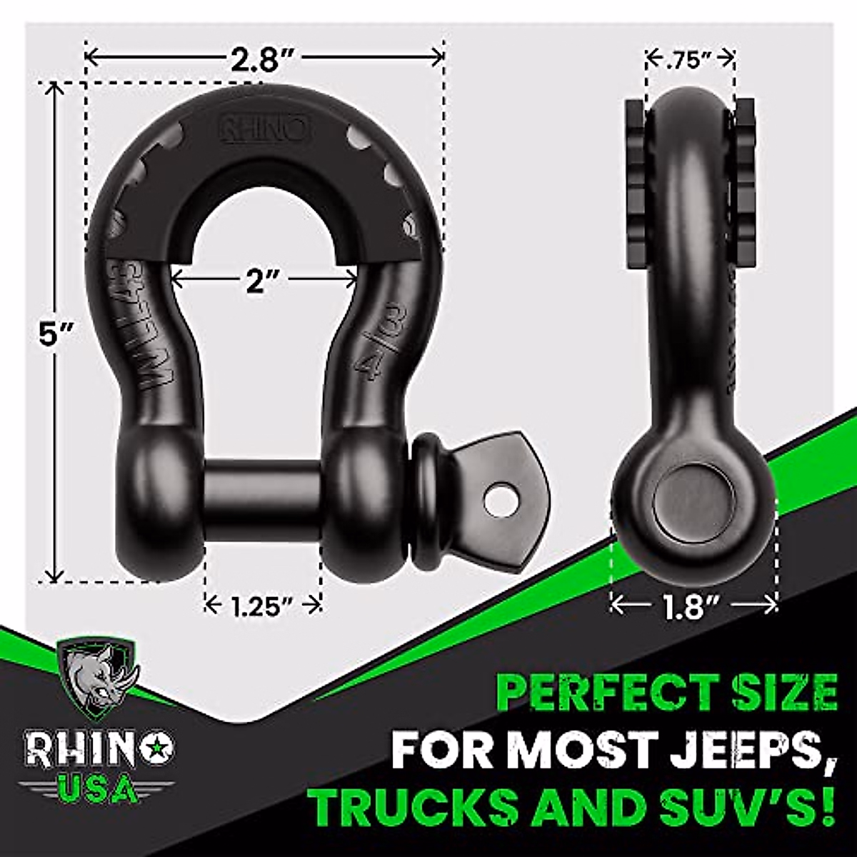Rhino USA D Ring Shackle 41,850lb Break Strength – 3/4” Shackle with 7/8 Pin for use with Tow Strap, Winch, Off-Road Jeep Truck Vehicle Recovery, Best Offroad Towing Accessories