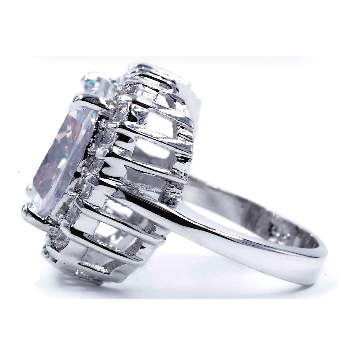 Glamour Rings Large Silvertone Statement Ring with Aurora Borealis Crystal and Small CZ Surround Stones Size 10