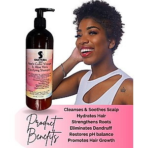 Shateria Beauty Apple Cider Vinegar & Aloe Vera Clarifying Shampoo w/Chebe Powder & Essential Oils, Vegan Stimulating Shampoo for Detox and Dandruff for All Hair Types, 16 fl oz