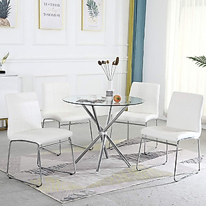 Modern Round Dining Table with Clear Tempered Glass Top, 4 Chrome Legs Kitchen Table for 2 or 4 Person,Round Dining Table Furniture for Home Office Kitchen Dining Room(W 35.4 x L 35.4 x H 29.5 inch)